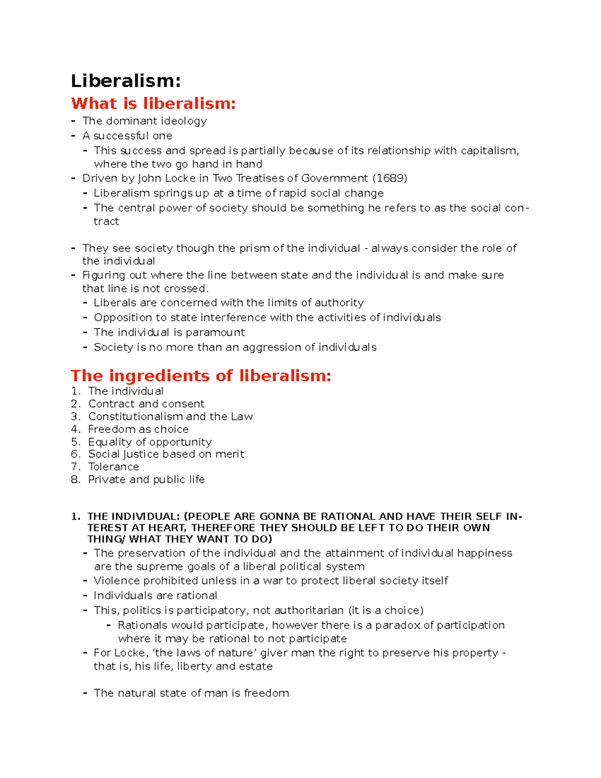 Liberalism - Lecture notes 8 - Liberalism: What is liberalism: - The ...