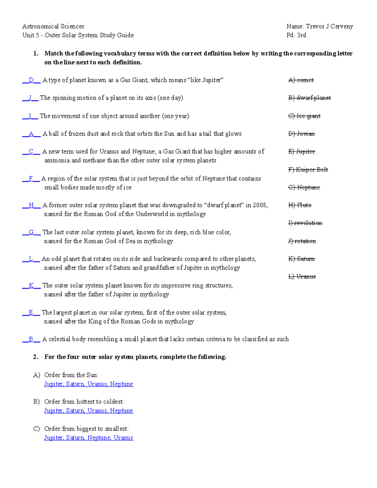 Trevor Cerveny - Unit 5 - Study Guide - Astronomical Sciences Name ...