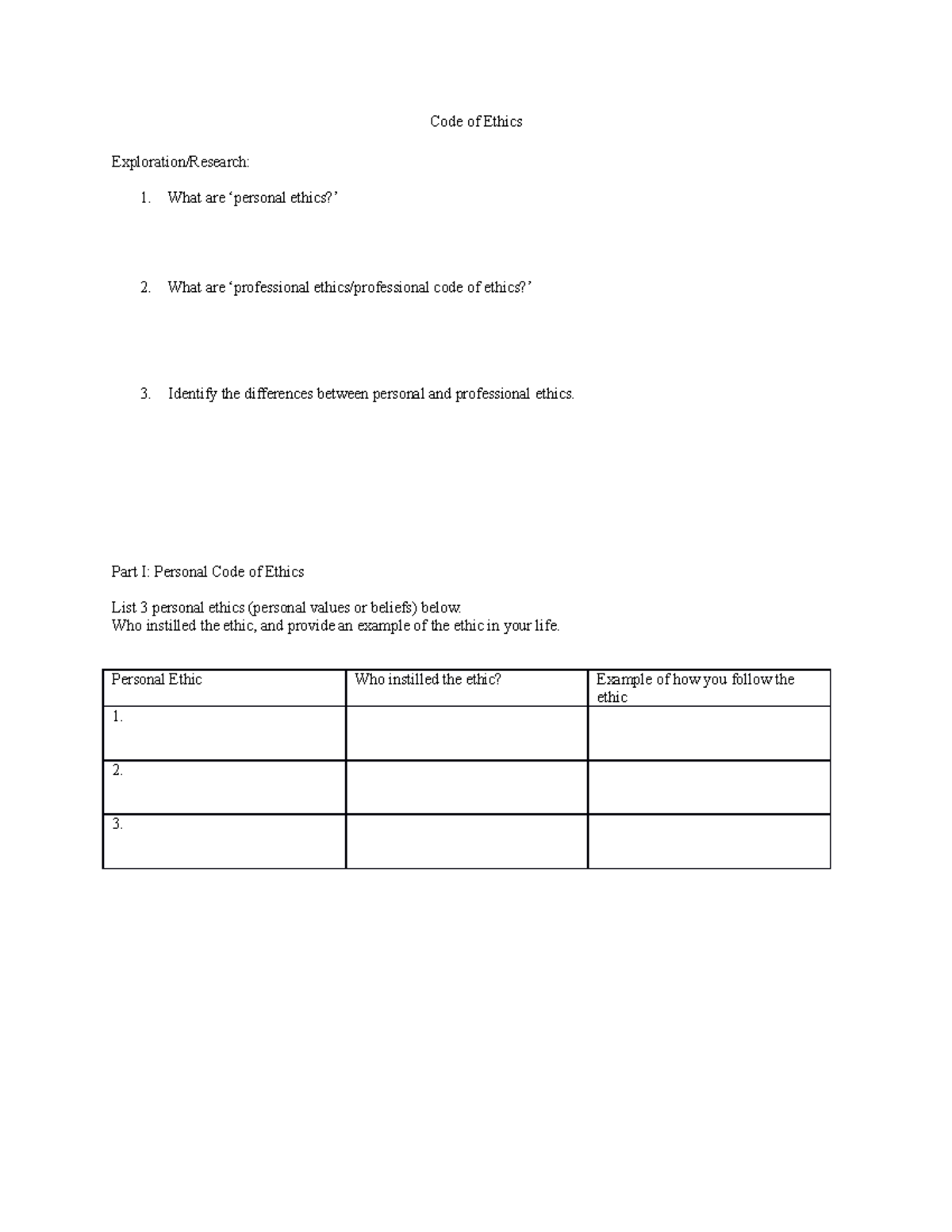 Code Ethics Activity Handouts Chapter 6 handout - Code of Ethics ...