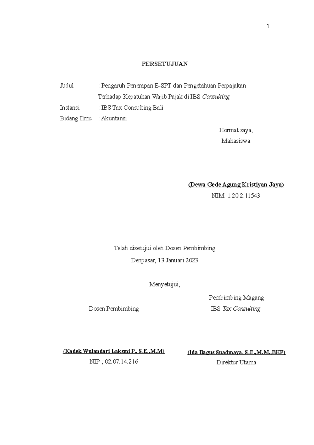 Laporan Magang - PERSETUJUAN Judul : Pengaruh Penerapan E-SPT dan ...