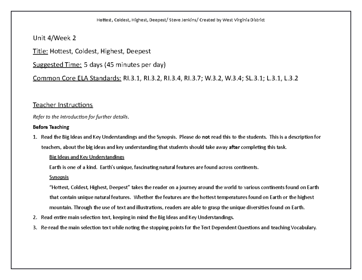 3. Hottest, Coldest, Highest, Deepest. lesson - Basal - Unit 4/Week 2 ...