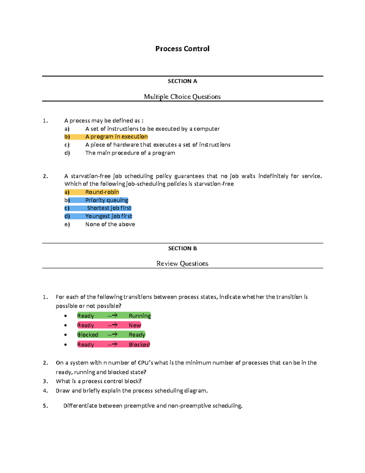 09 OS-Process control 1 & 2 - Process Control SECTION A Multiple Choice ...