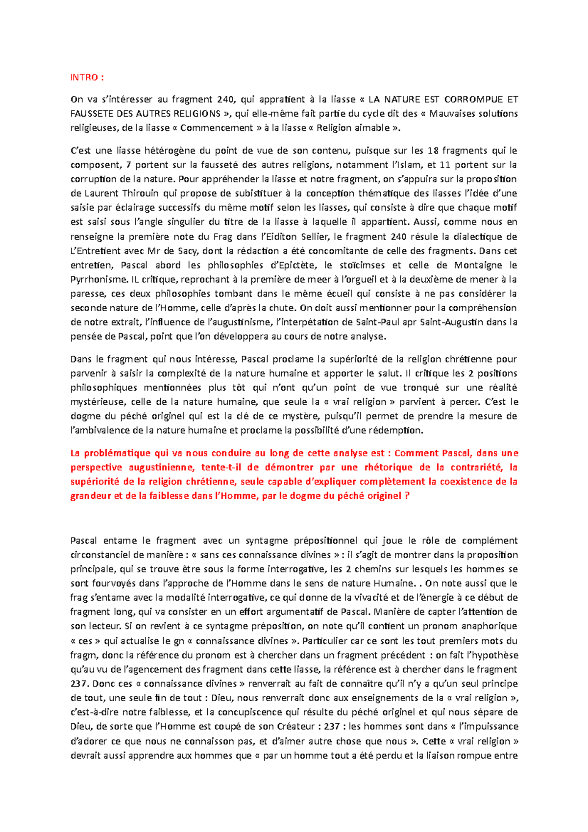 Commentaire FR 240 - Analyse du fragment 240 des Pensées de Pascal ...