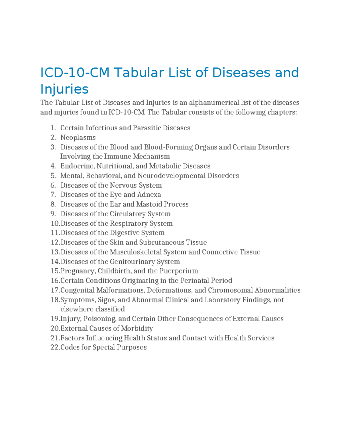 Tabular list - The Tabular consists of the following chapters: 1. Certain Infectious and ...
