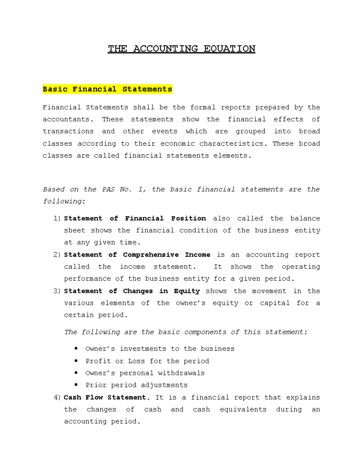 THE Accounting Equation - THE ACCOUNTING EQUATION Basic Financial ...