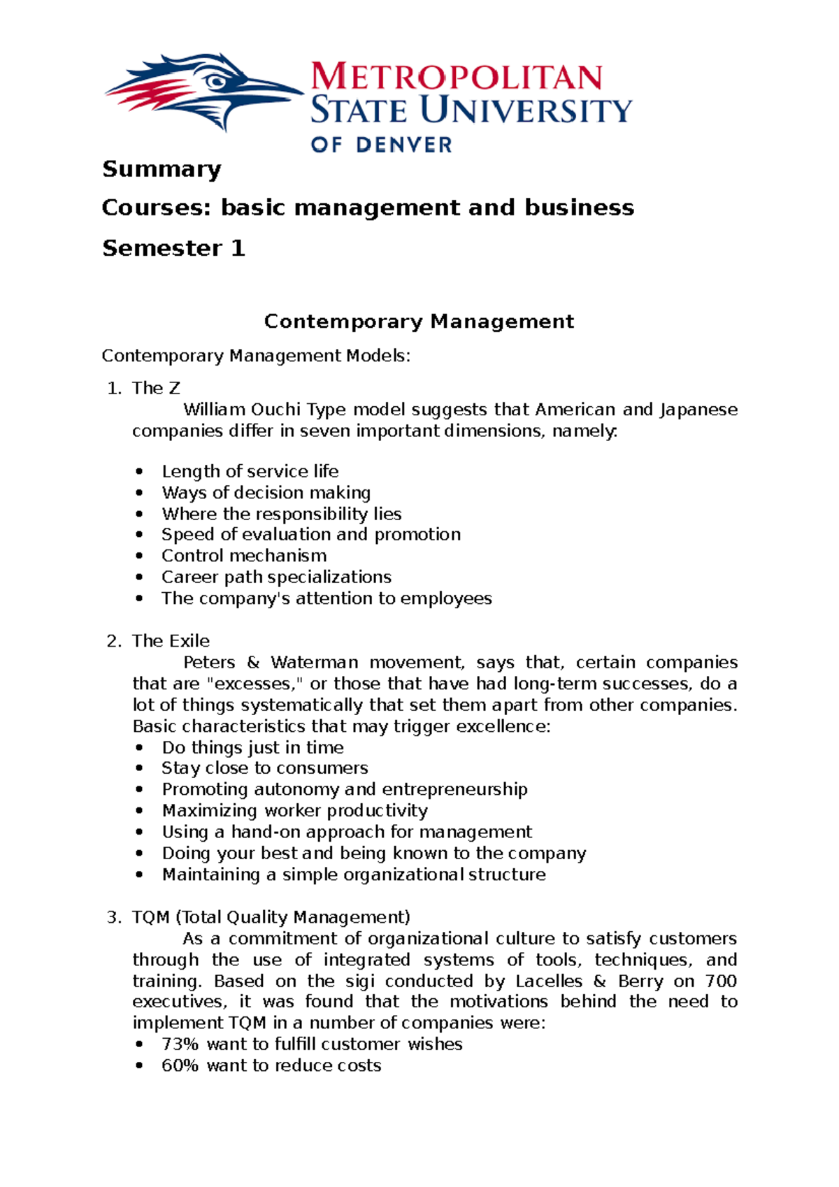 Summary of Contemporary Management material - Summary Courses: basic ...