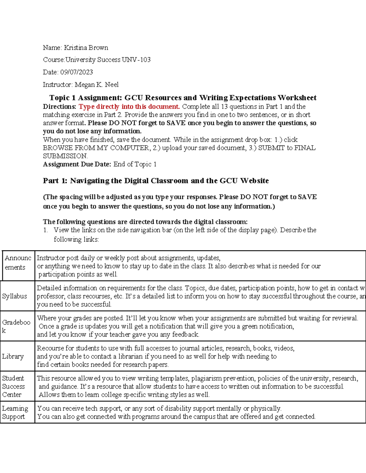 Brown - Resource Worksheet for UNV Success - Name: Kristina Brown ...