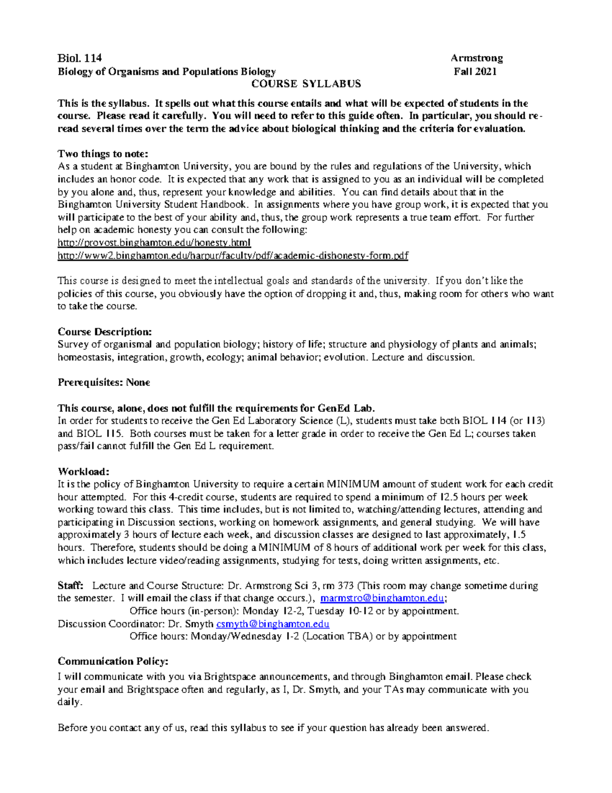 BIOL 114 Fall 2021 Syllabus - Biol. 11 4 Armstrong Biology of Organisms and Populations Biology ...