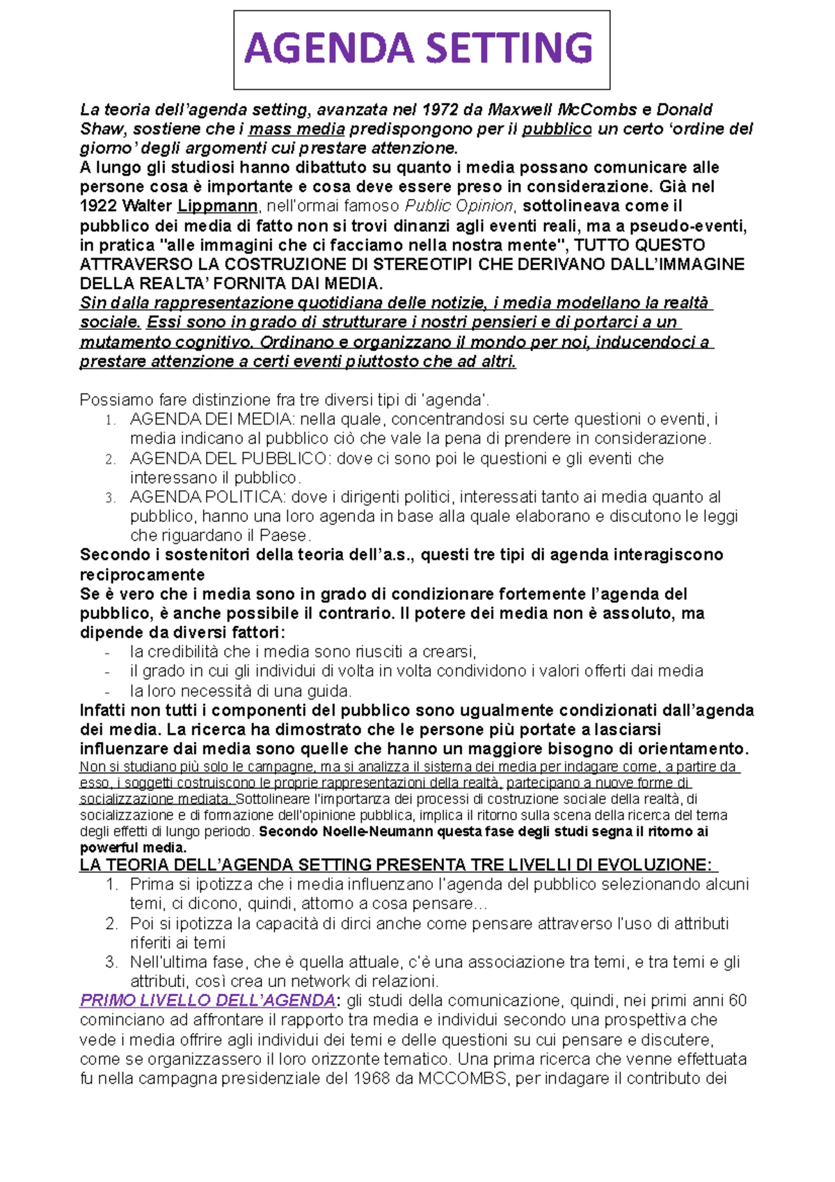 Agenda Setting - riassunto di un capitolo del libro teorie delle comunicazioni di massa e la ...