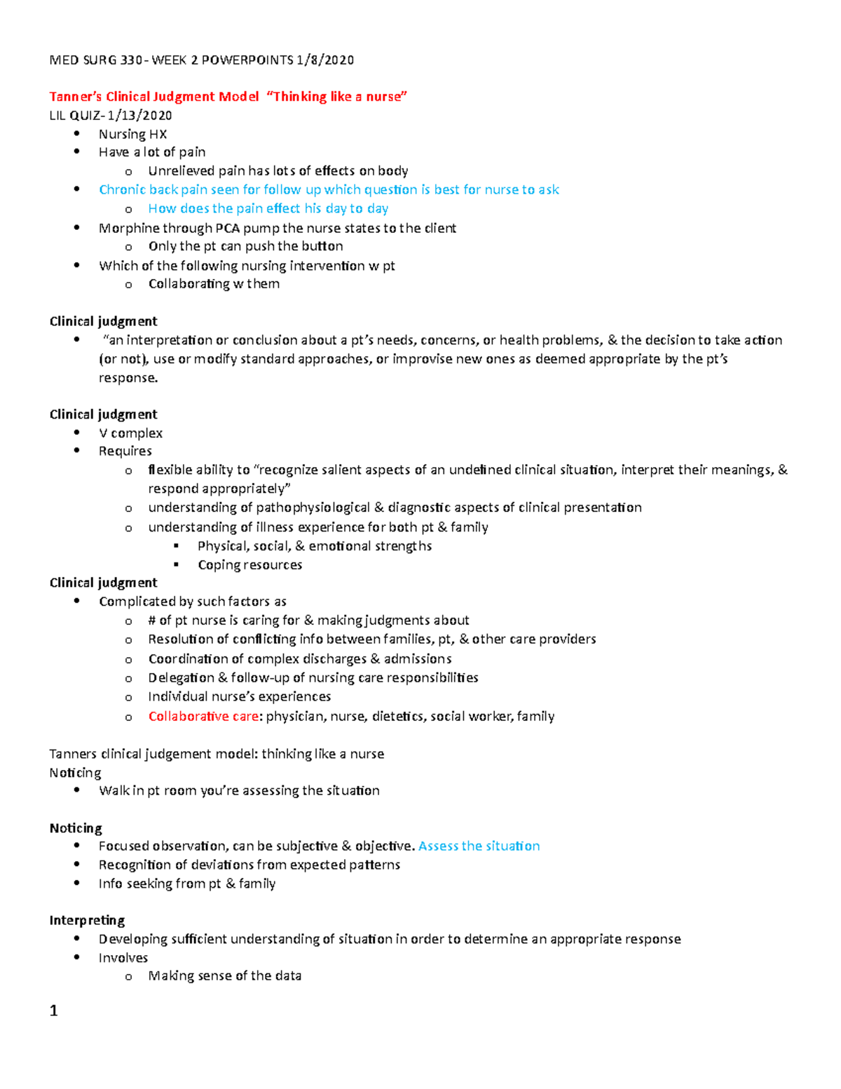 Exam 1 powerpoints:notes- 330 - MED SURG 330- WEEK 2 POWERPOINTS 1/8 ...