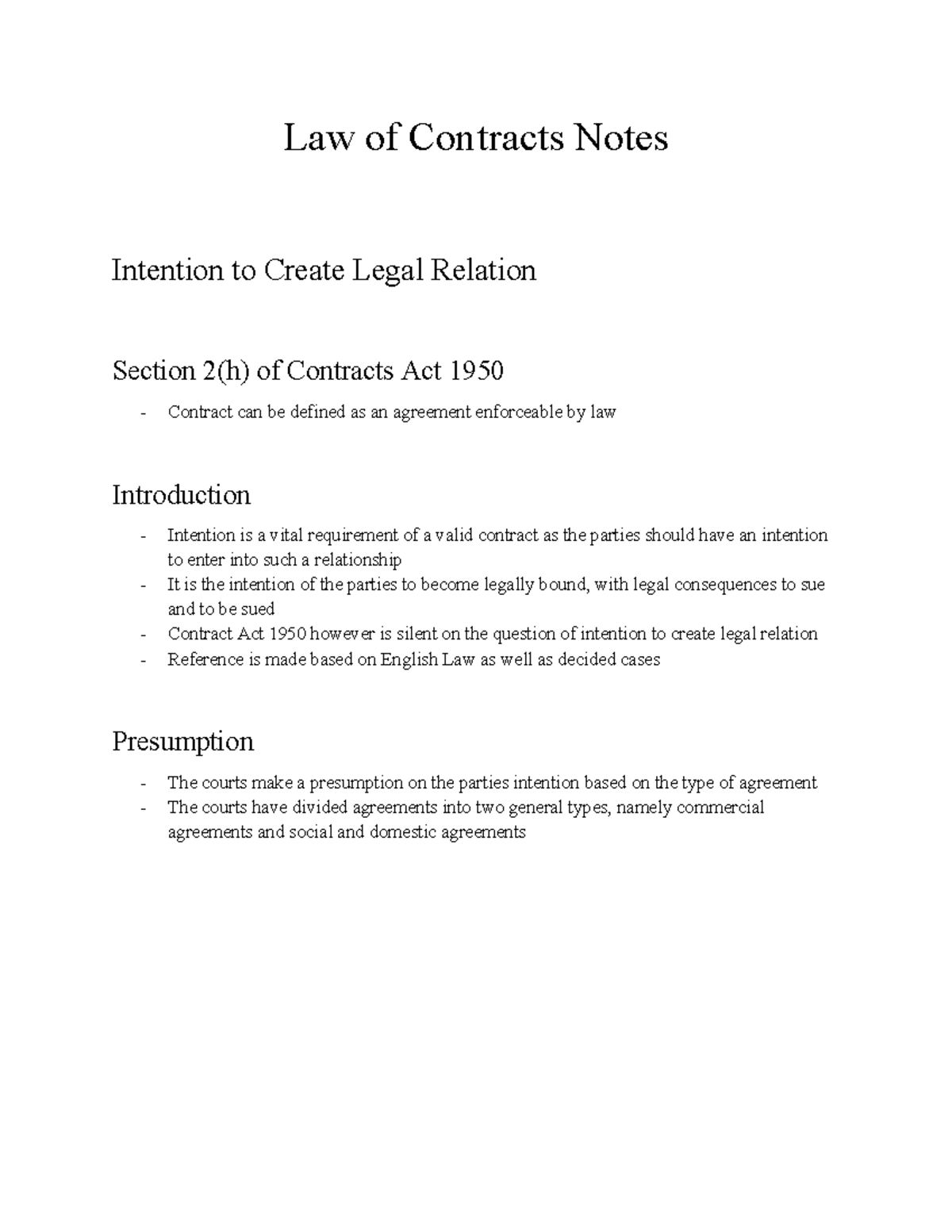 Contracts 1 Notes - Law of Contracts Notes Intention to Create Legal ...