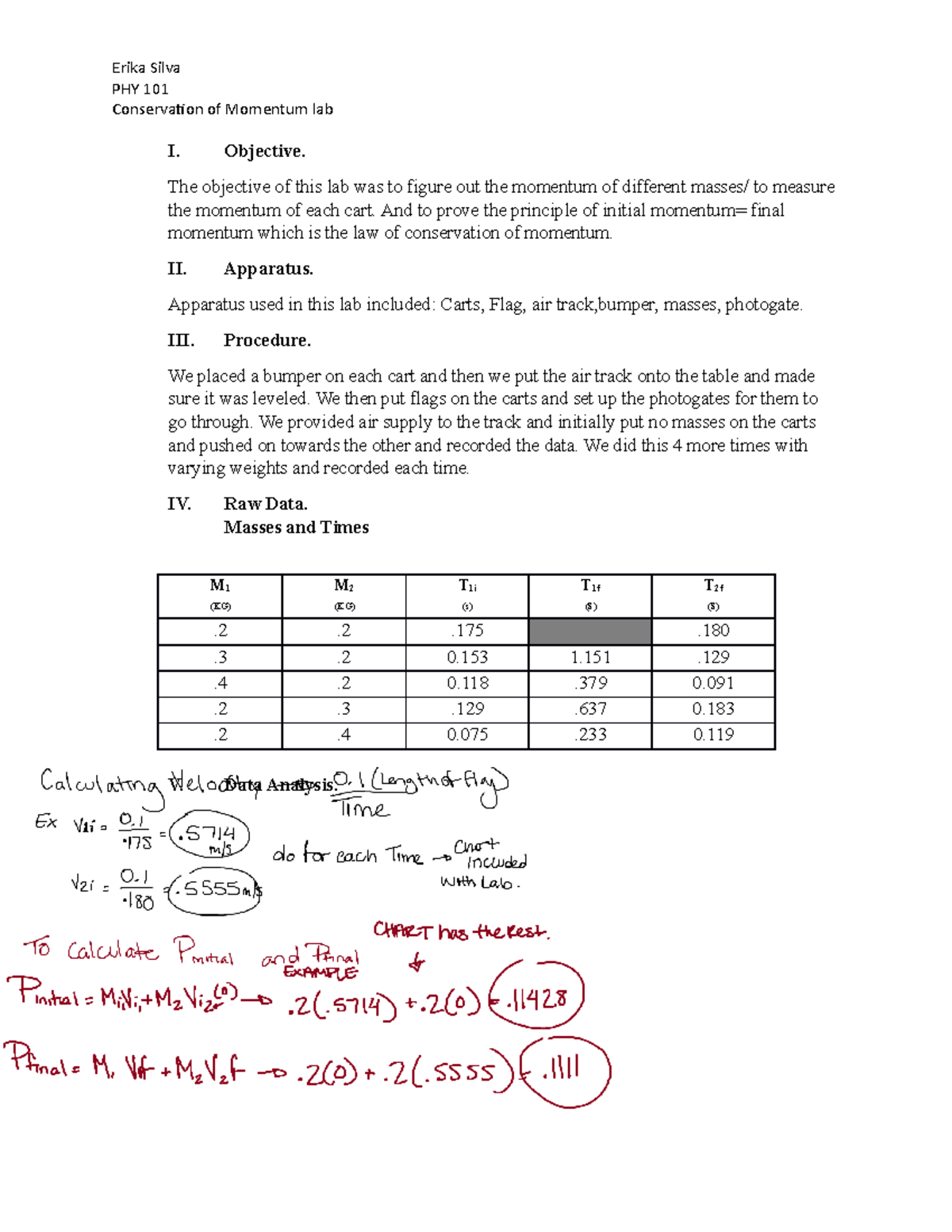 PHYlab 4 - lab assignment for PHY 101 - Erika Silva PHY 101 ...