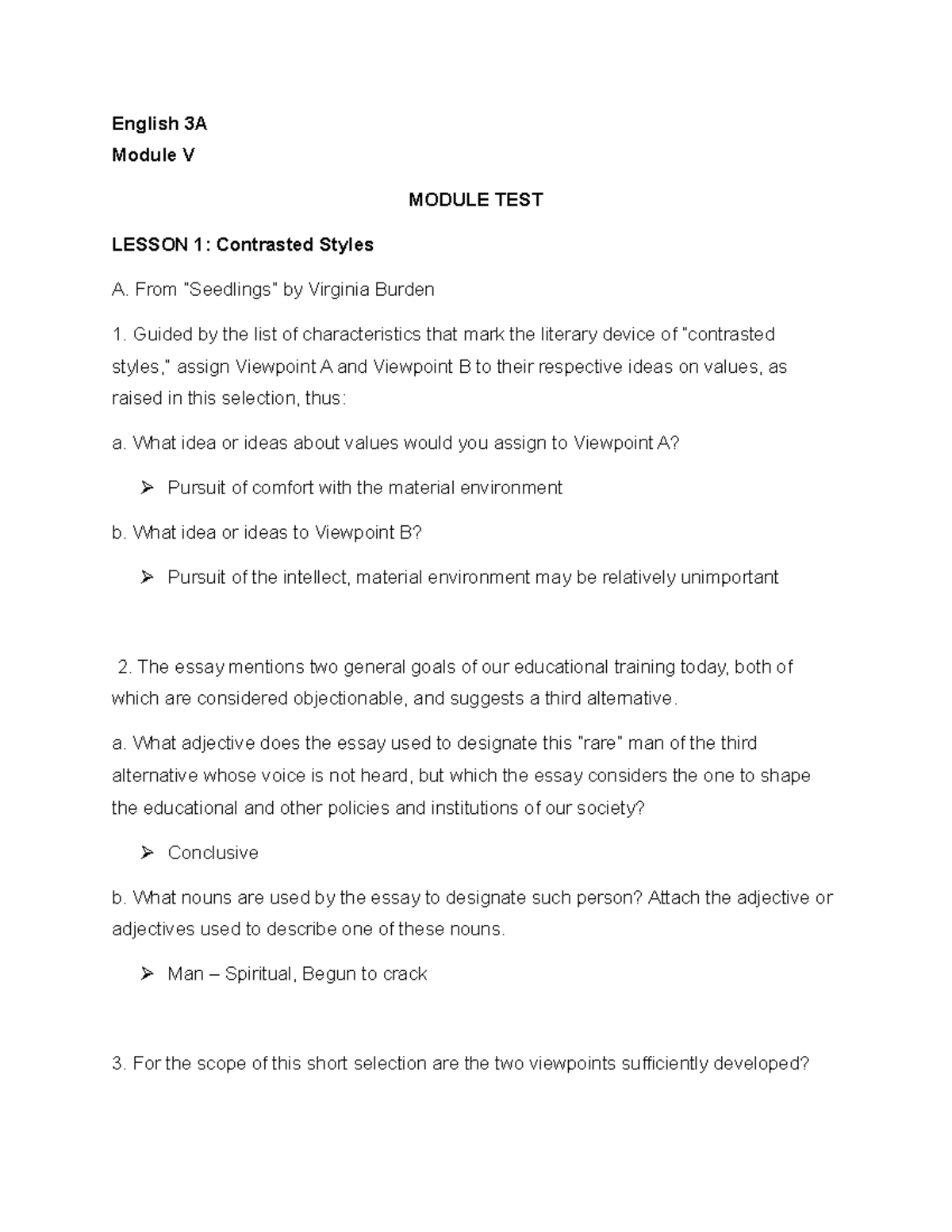 English 3 Module V - English 3A Module V MODULE TEST LESSON 1 ...