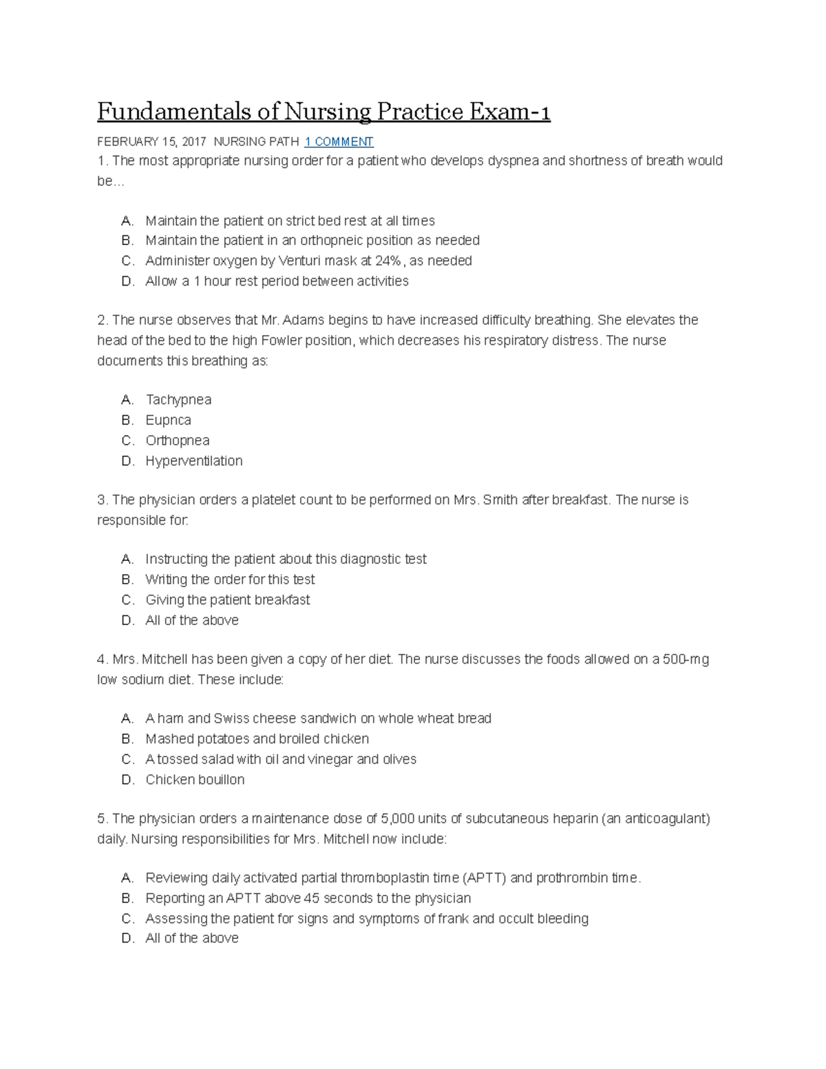 Fundamentals of Nursing Practice Exam - Fundamentals of Nursing ...