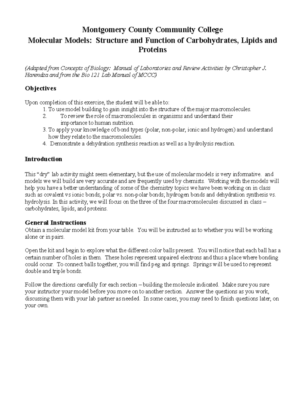 BIO121 Molecular Model Lab - Montgomery County Community College ...
