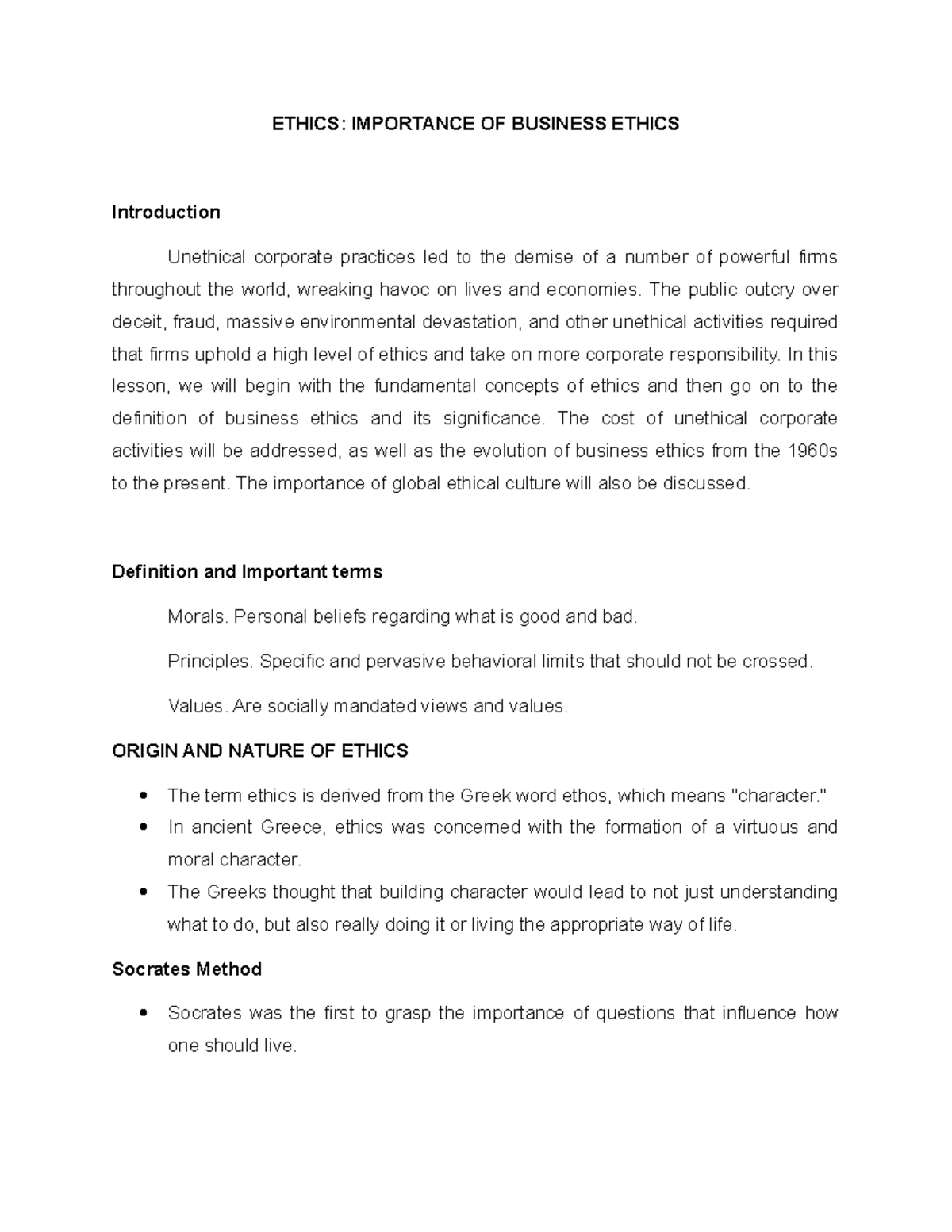 Lecture Notes - Ethics [THE Importance OF Business Ethics] - ETHICS ...
