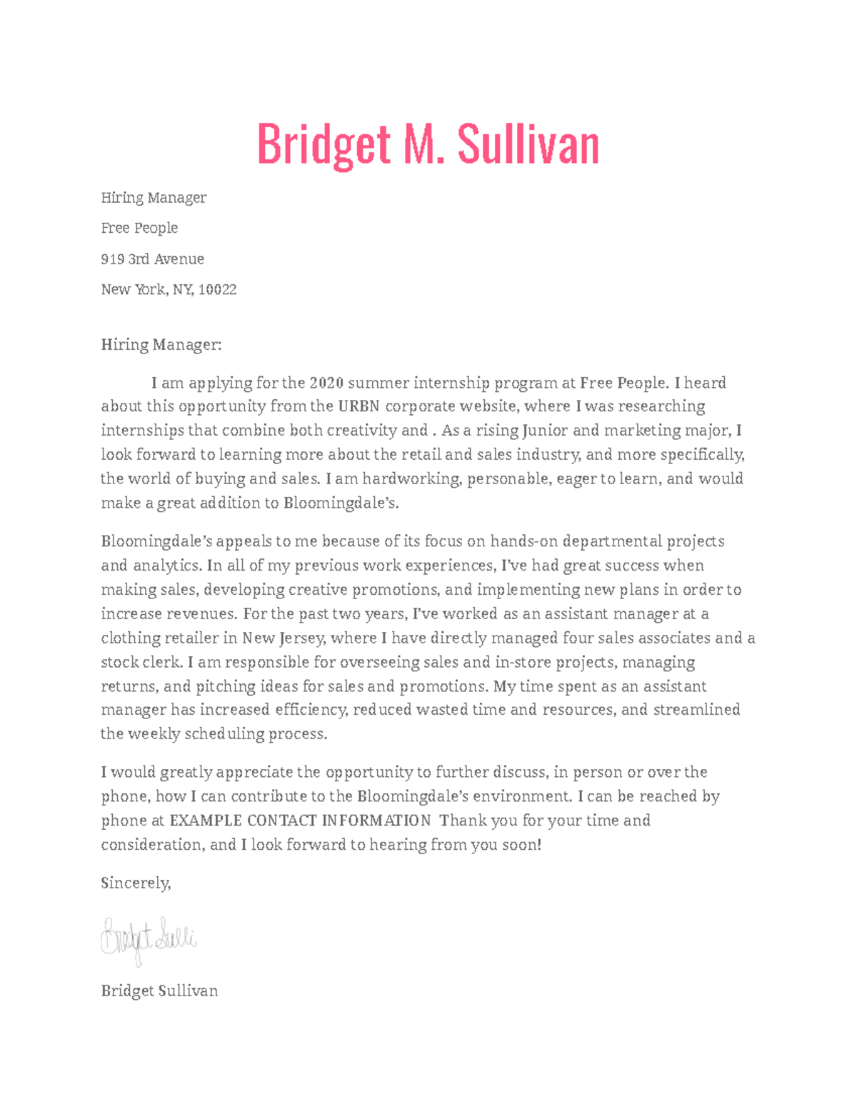 Cover letter assignment - Bridget M. Sullivan Hiring Manager Free ...