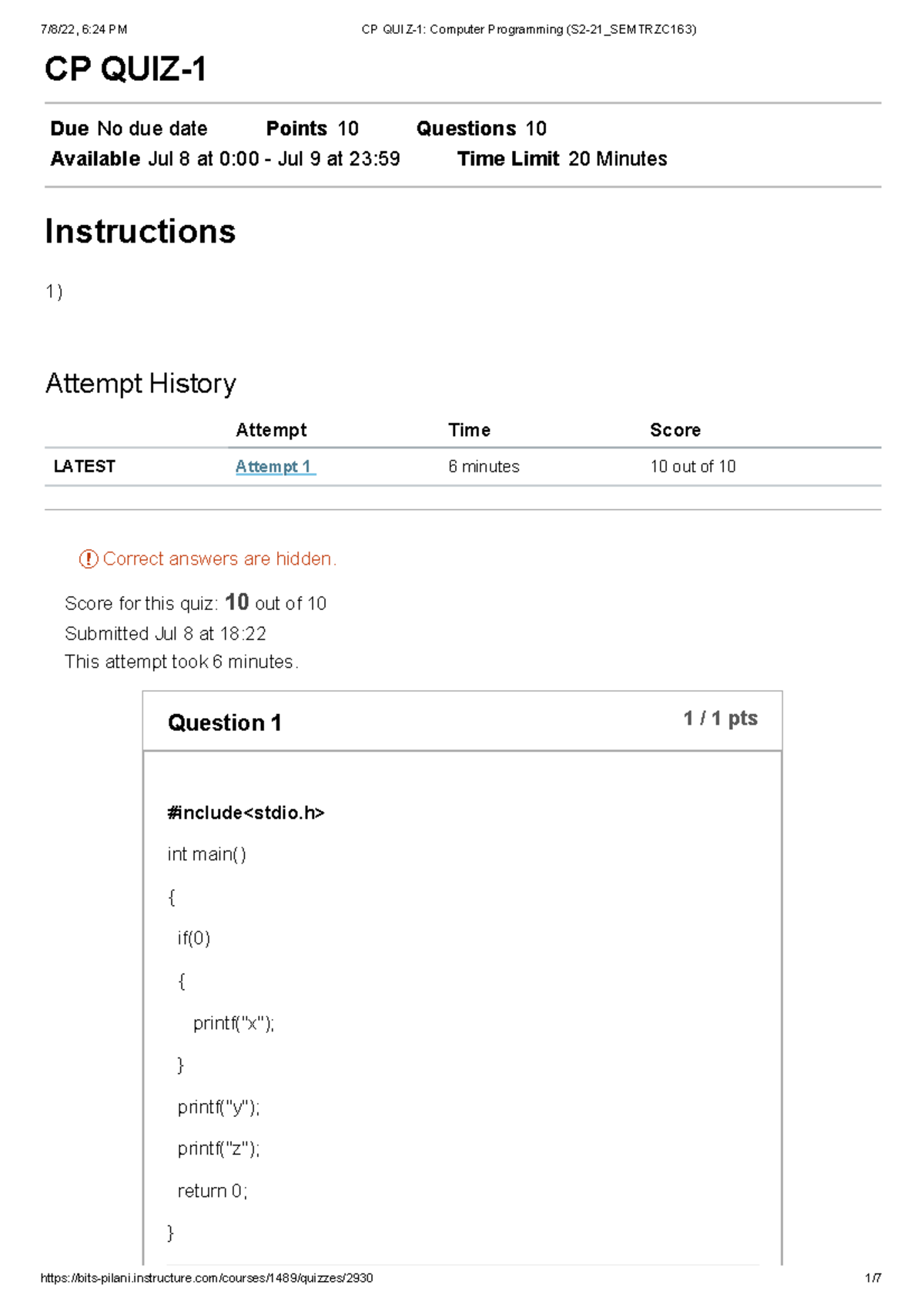 Cp Quiz 1 Computer Programming S2 21 Semtrzc 163 Cp Quiz Due No