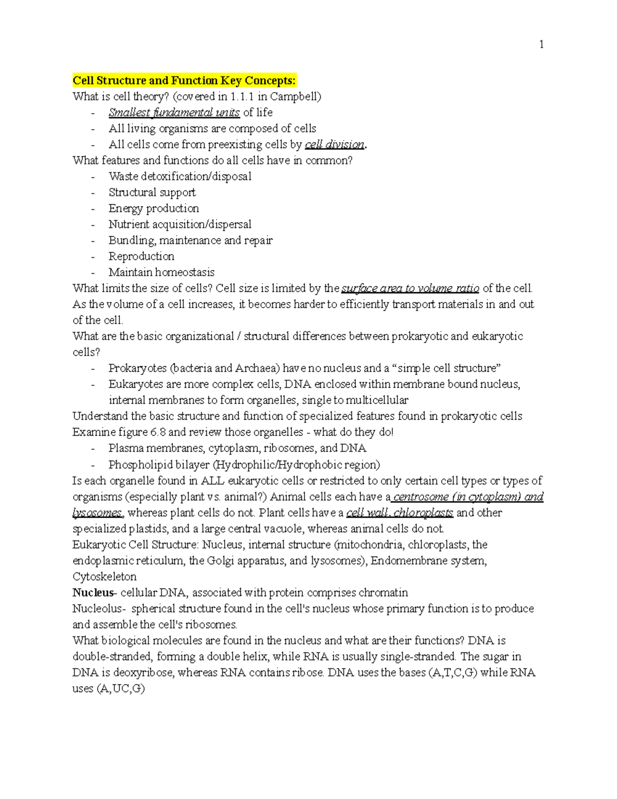 Untitled document - Summary General Biology II - Cell Structure and ...