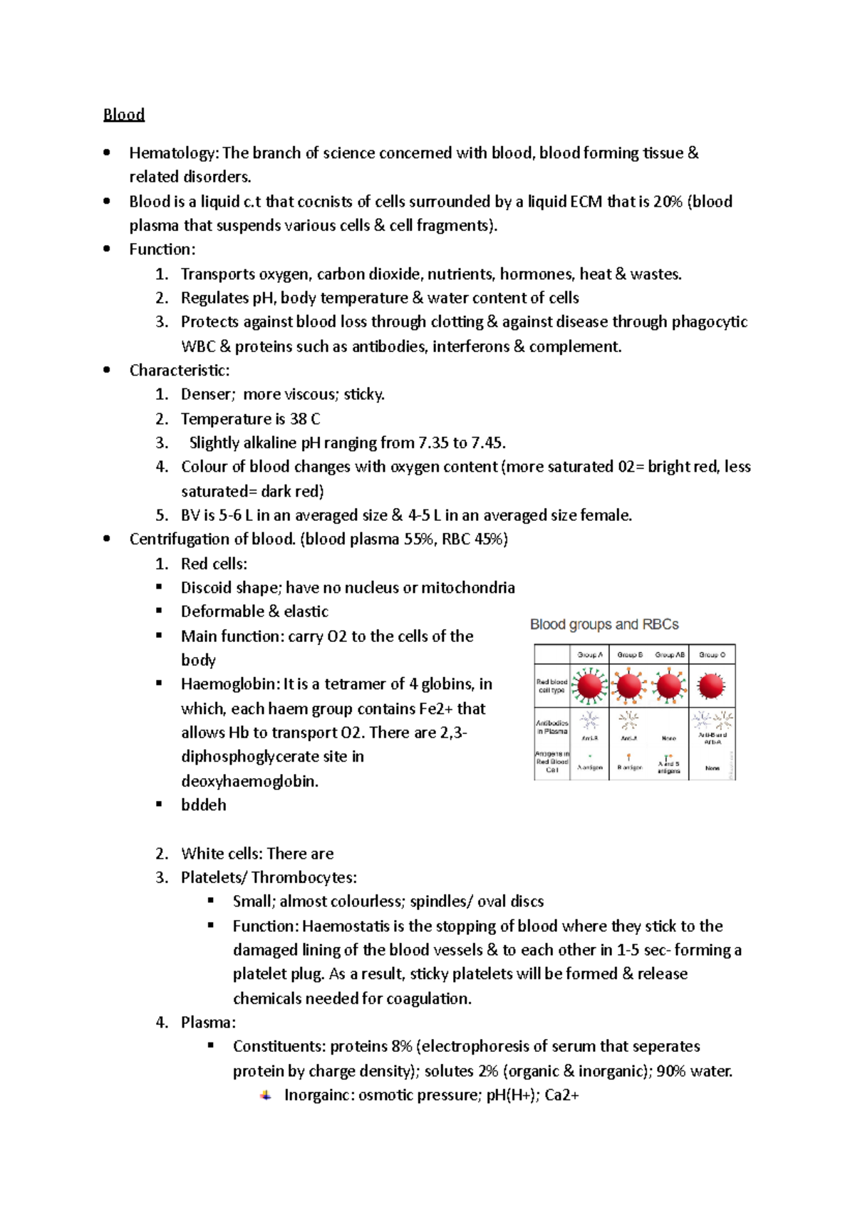 Blood - Lecture notes 11 - Blood Hematology: The branch of science ...