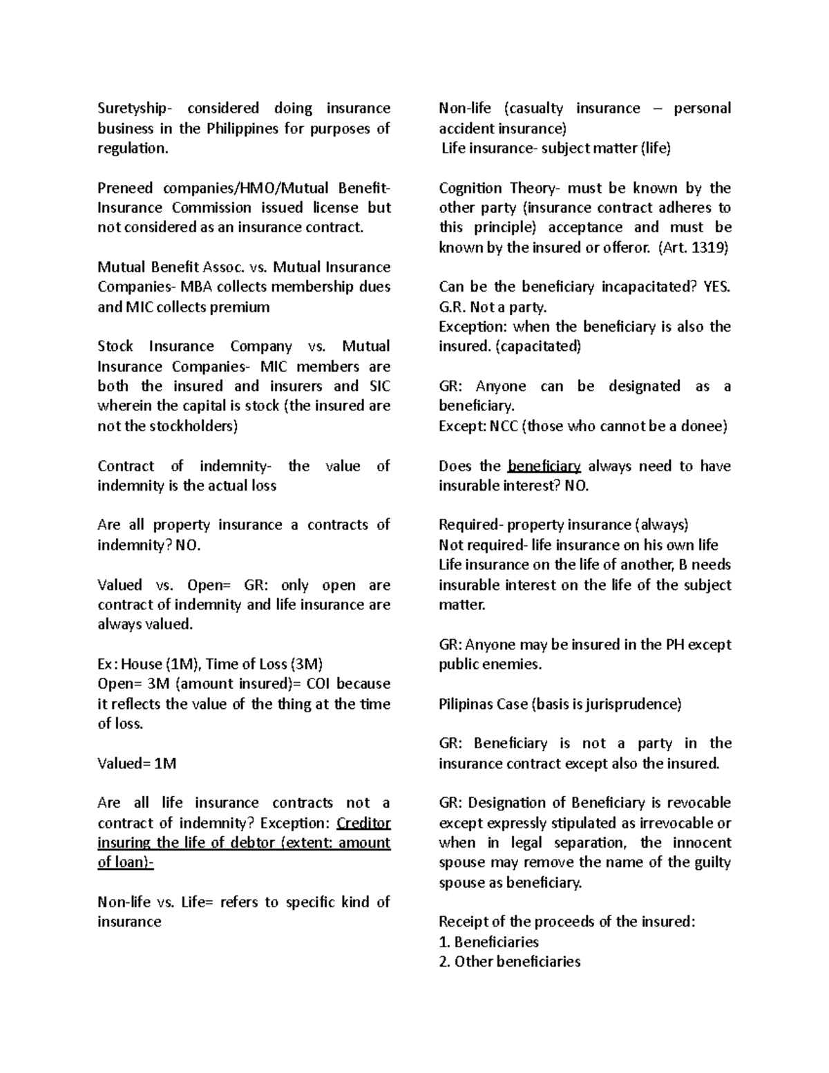 Insurance Notes and Reviewer 2021 - College of Law - Studocu
