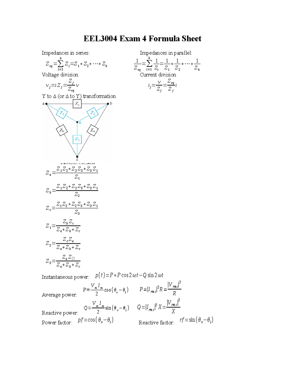 Exam 4 Formula Sheet - lecture - EEL3004 Exam 4 Formula Sheet ...