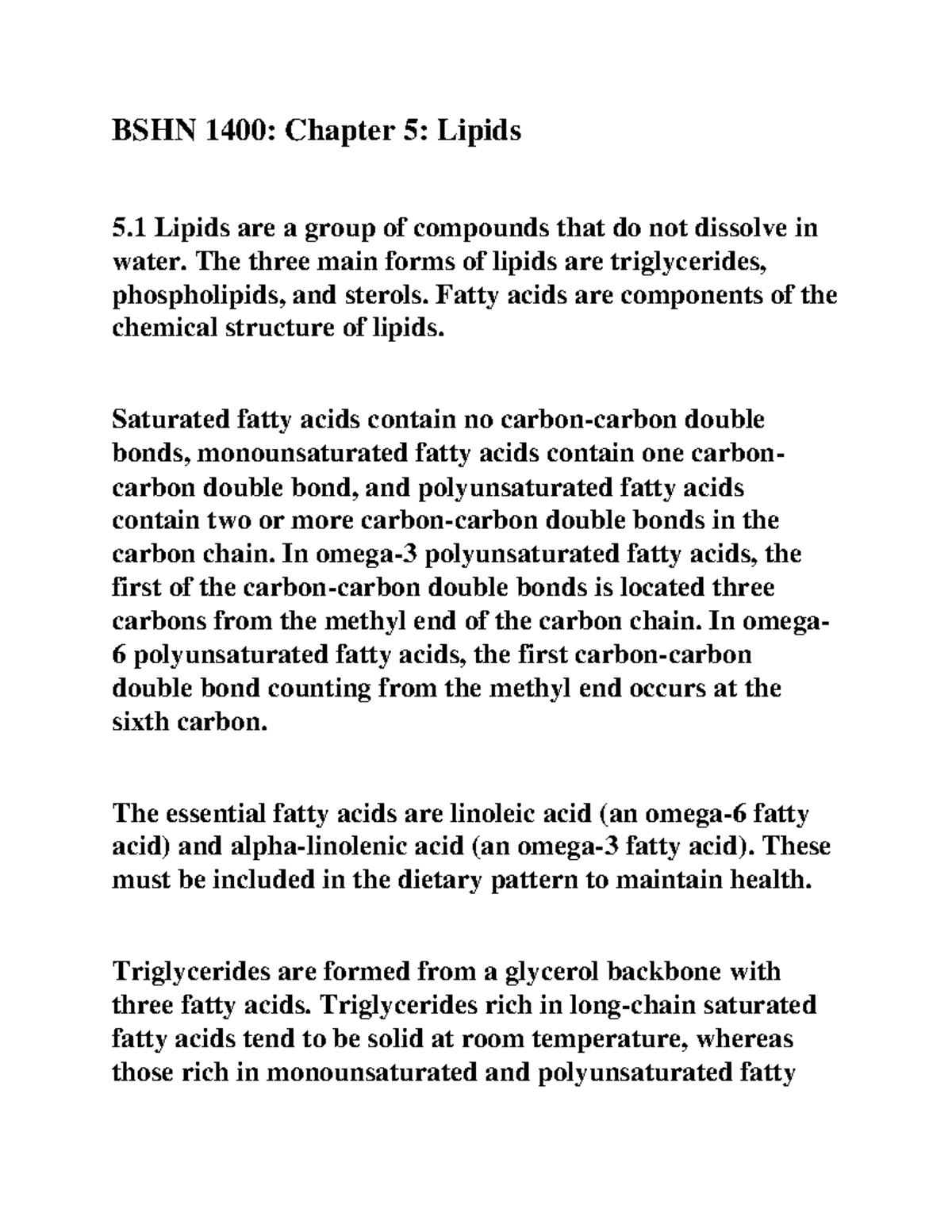 BSHN 1400-Chapter 5 Lipids - BSHN 1400: Chapter 5: Lipids 5 Lipids are a group of compounds that ...