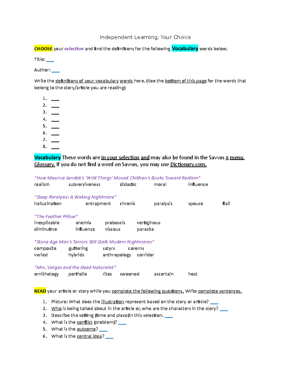 Independent Learning worksheet - Independent Learning; Your Choice ...