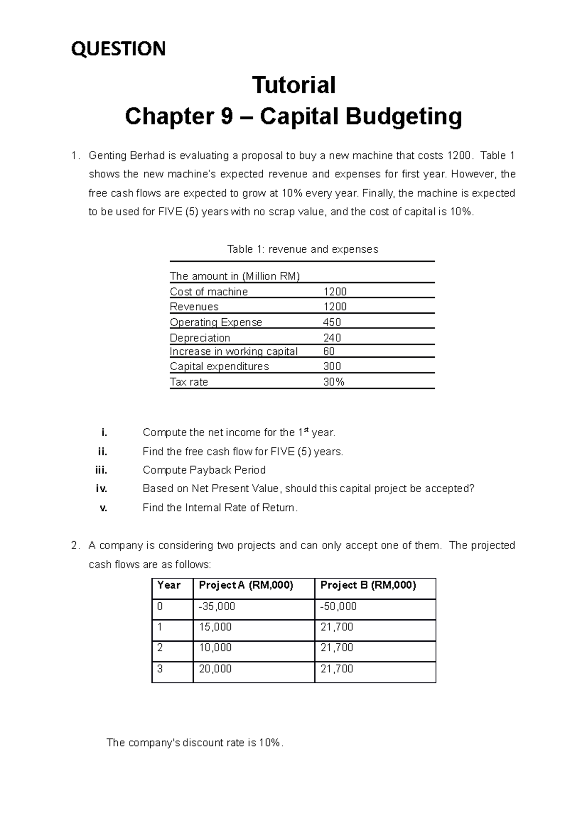 Chapter 9 Q - finance - Tutorial Chapter 9 – Capital Budgeting Genting ...