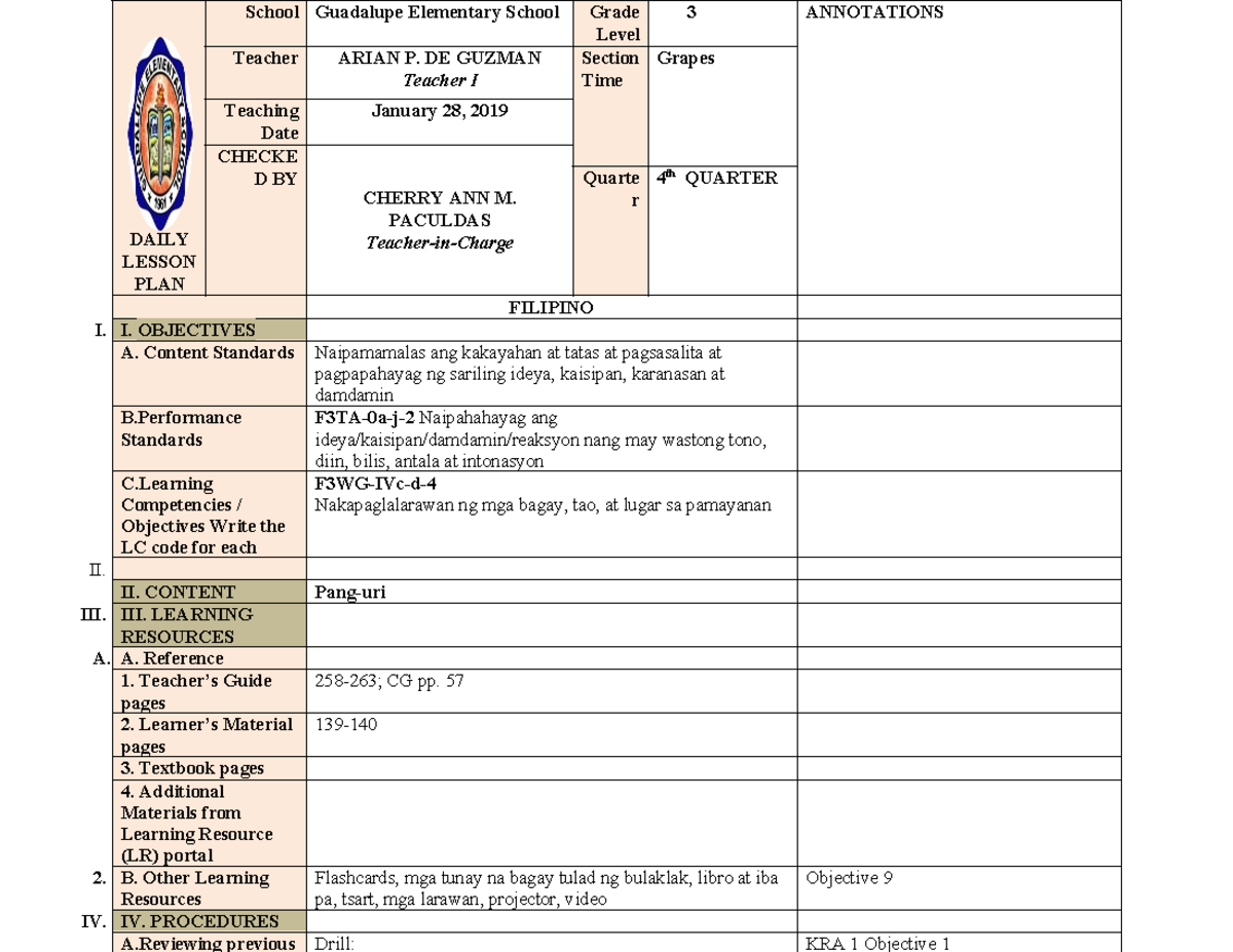 FIL 3 Q4 CO LP with annotations - DAILY LESSON PLAN School Guadalupe ...