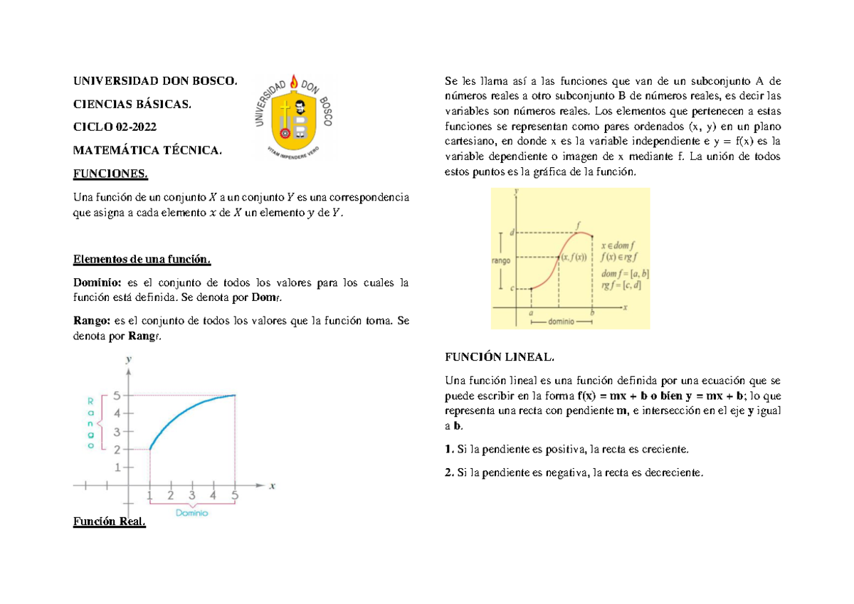 Función lineal y cuadratica - UNIVERSIDAD DON BOSCO. CIENCIAS BÁSICAS ...