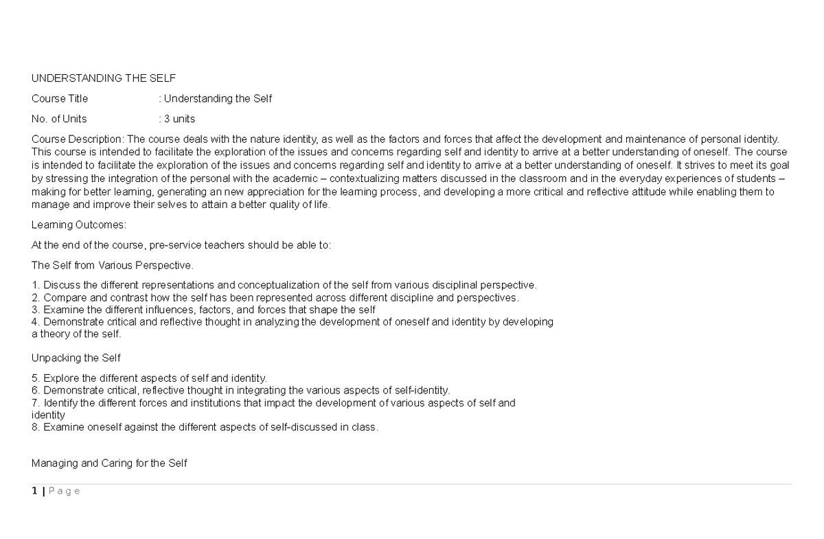 GEN.ED 101 Syllabus - UNDERSTANDING THE SELF Course Title ...