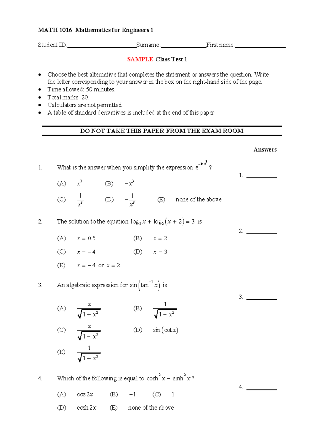 MATH1016 Sample Class Test 1 - MATH 1016 Mathematics for Engineers 1 ...