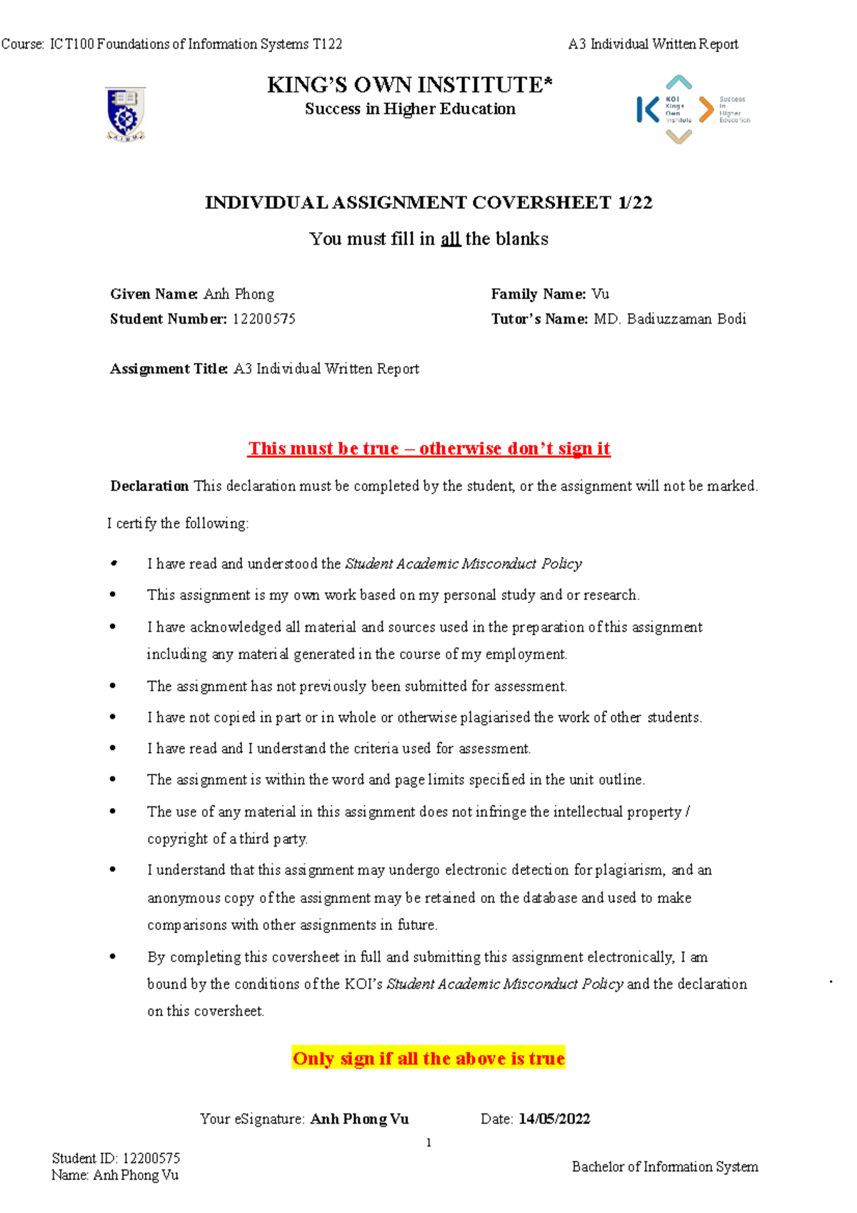 Assessment 3 - Individual Report - INDIVIDUAL ASSIGNMENT COVERSHEET 1 ...