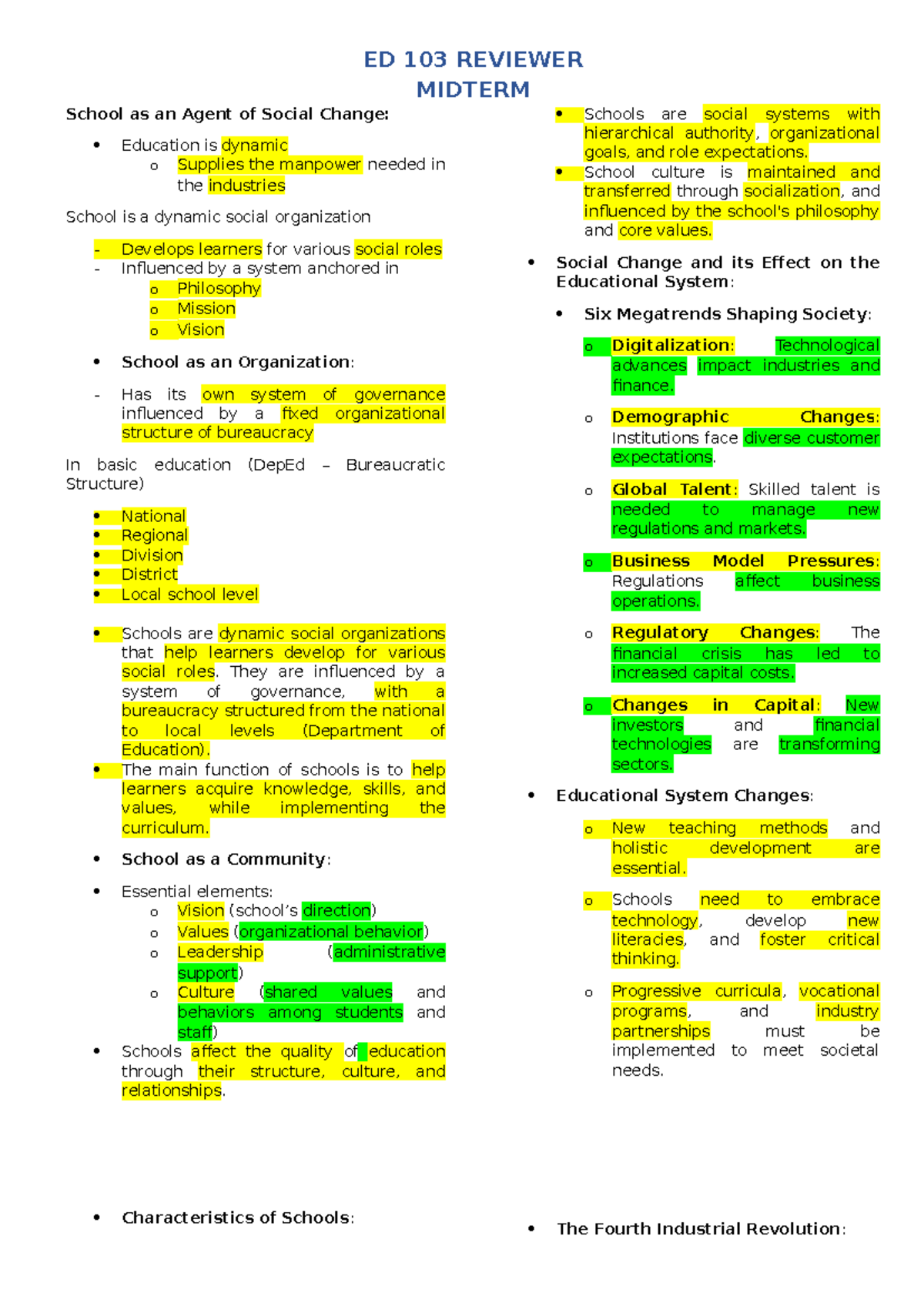 Ed 103 Reviewer - BSED SCIENCE - ED 103 REVIEWER MIDTERM School as an ...