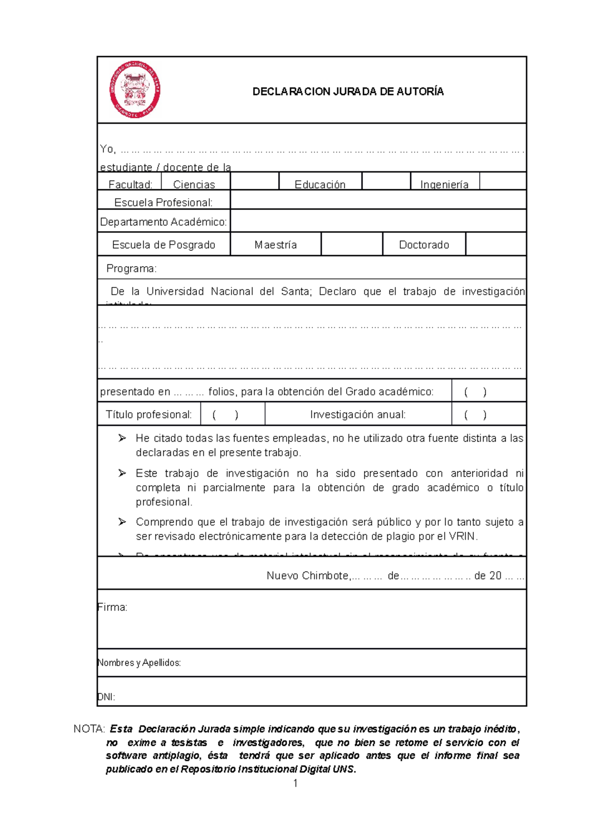 Declaracion Jurada DE Autoria - DECLARACION JURADA DE AUTORÍA Yo, - Studocu