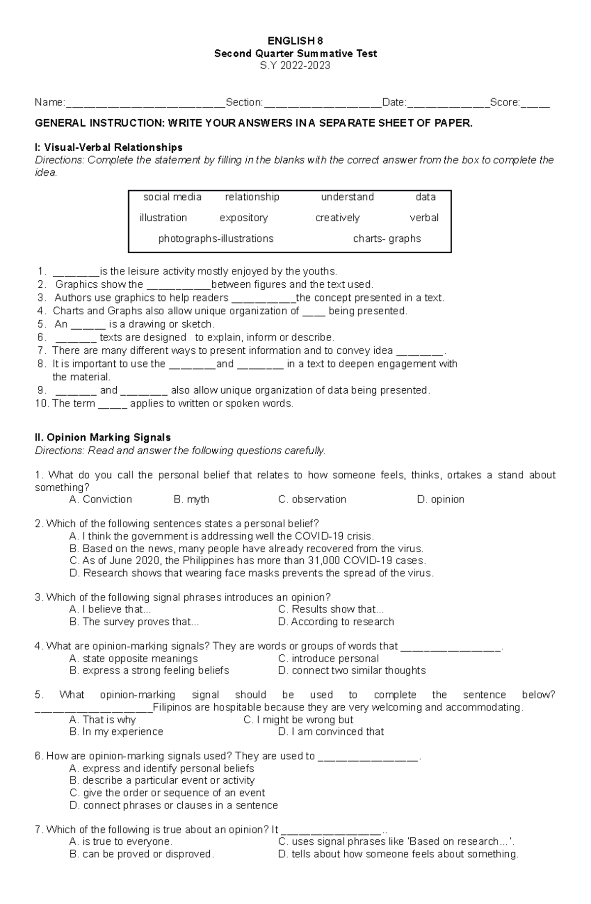 Q2 Summative TEST IN English 8 - ENGLISH 8 Second Quarter Summative ...