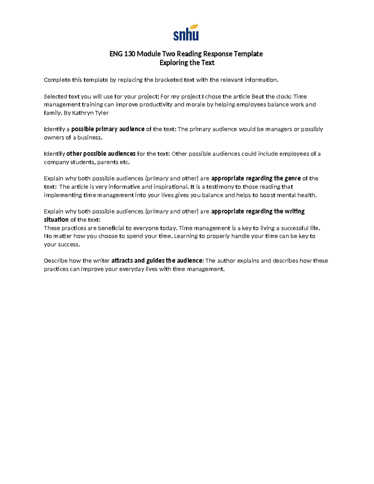 ENG 130 Module Two Reading Response - Selected text you will use for ...