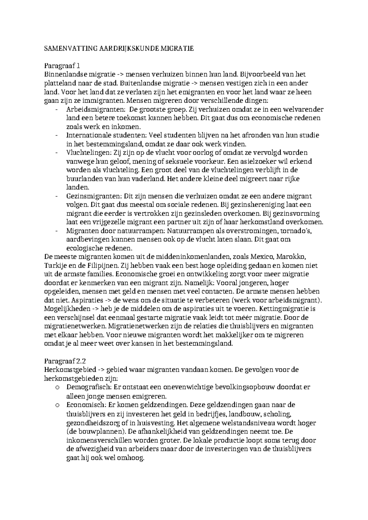 Samenvatting Aardrijkskunde Migratie - SAMENVATTING AARDRIJKSKUNDE MIGRATIE Paragraaf 1 ...