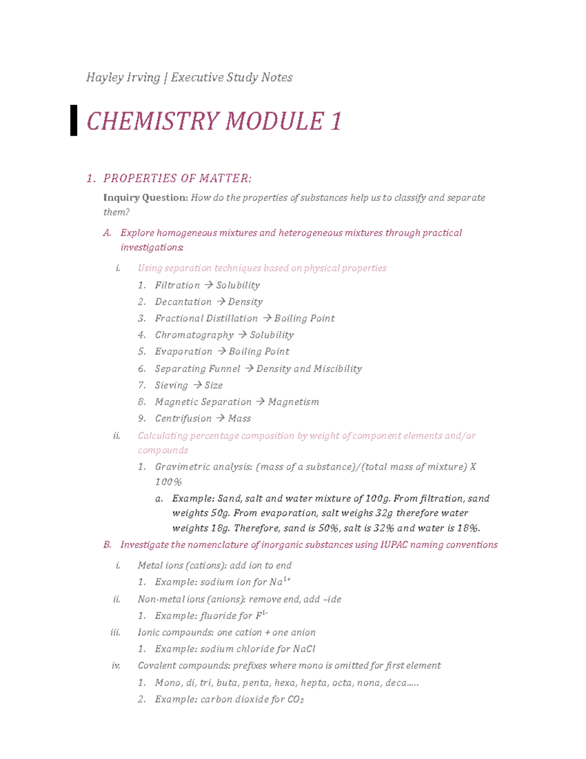Executive Module 1 - Hayley Irving | Executive Study Notes CHEMISTRY ...