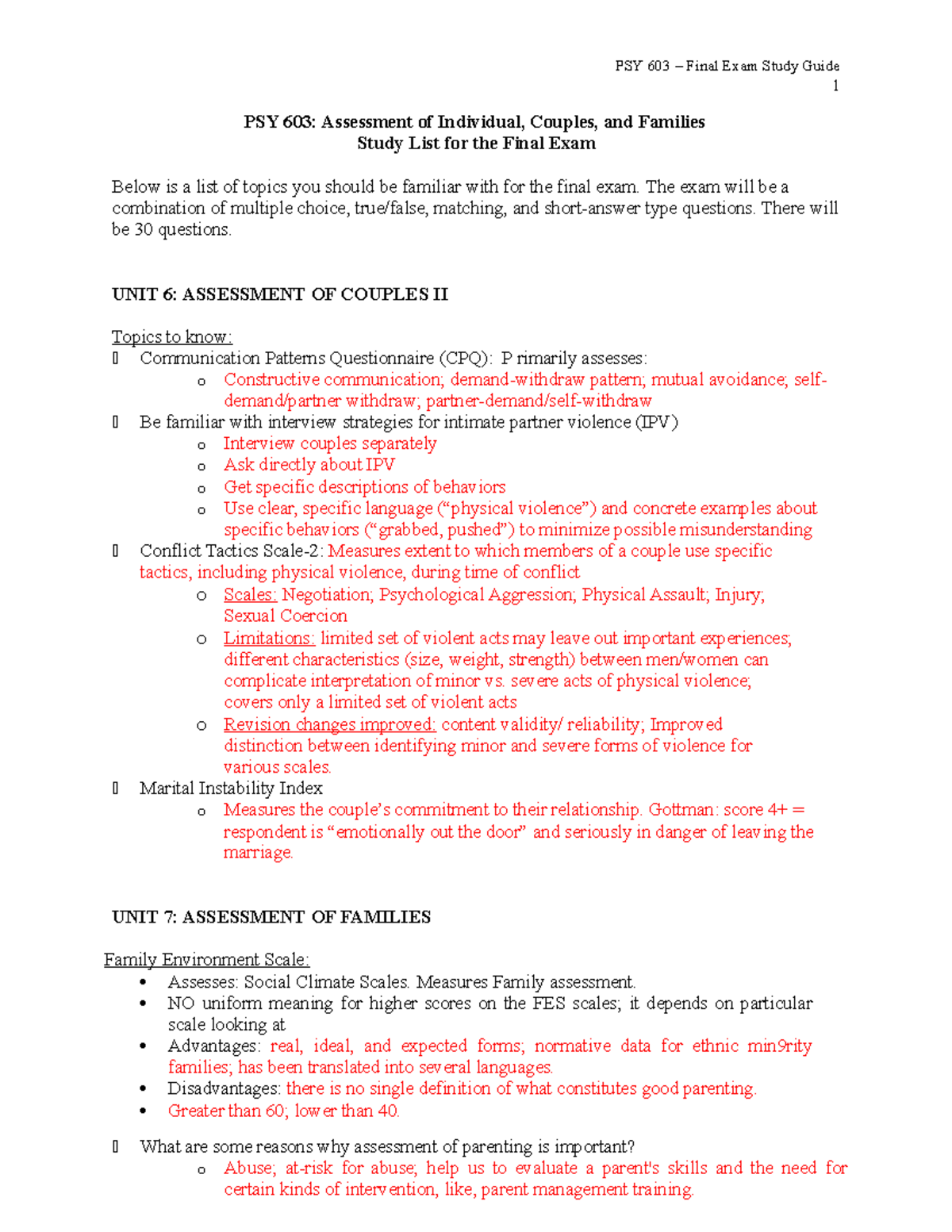 603 Final - PSY 603 – Final Exam Study Guide 1 PSY 603: Assessment of ...