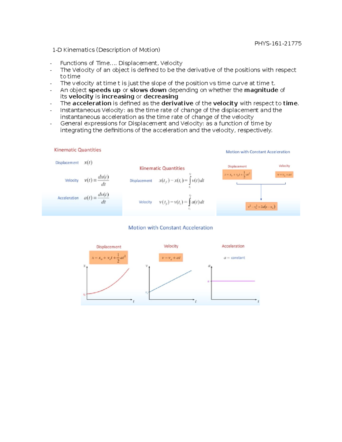 Pre-Lecture Physics Notes [Aug. 31] - PHYS-161- 1-D Kinematics ...