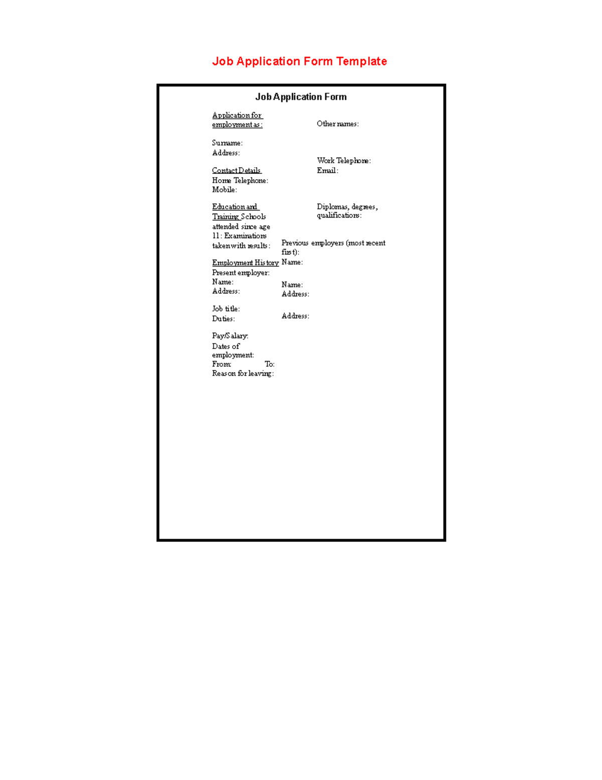 Job Application Form Template - Name: Name: Name of organisation: Name ...