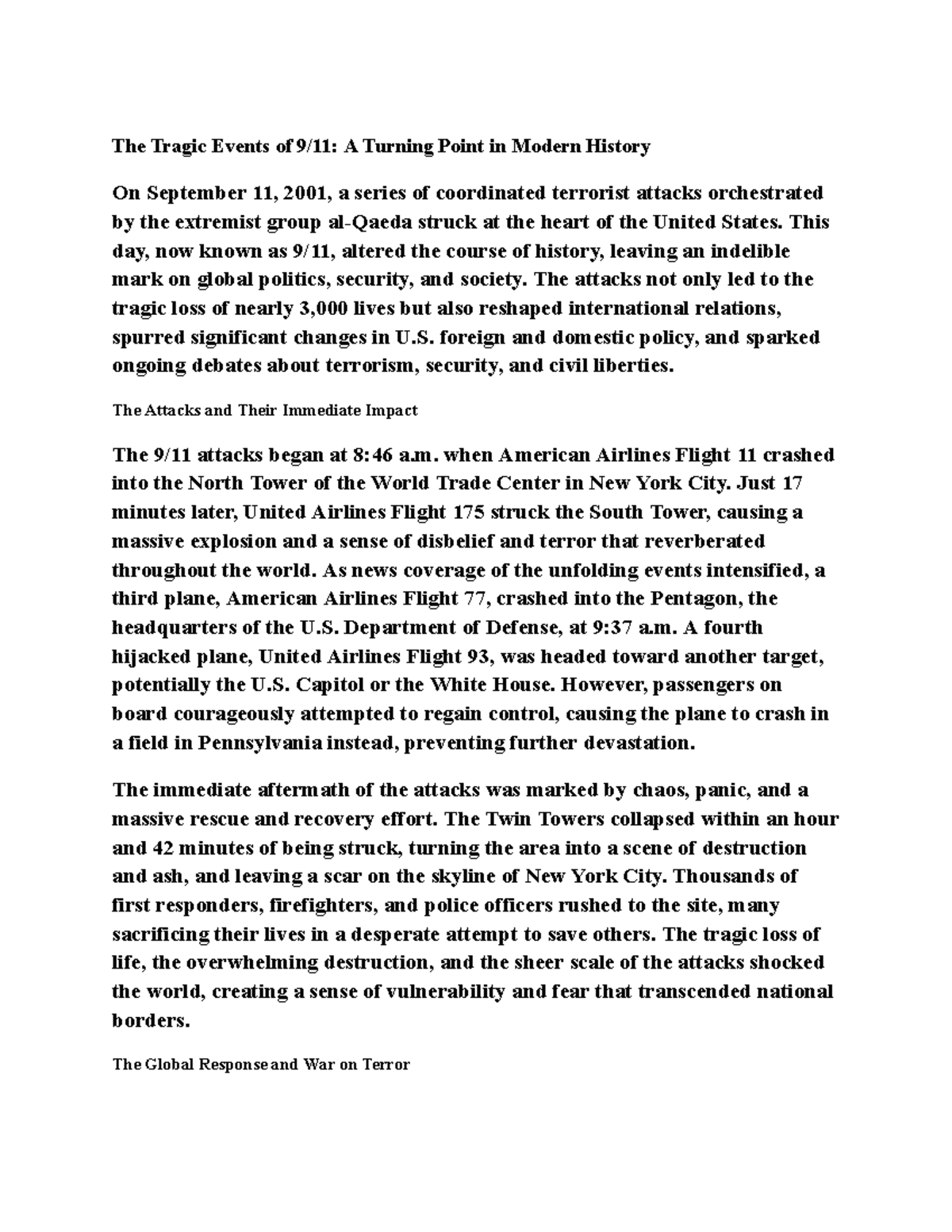 Essay - The Tragic Events of 9/11: A Turning Point in Modern History On ...
