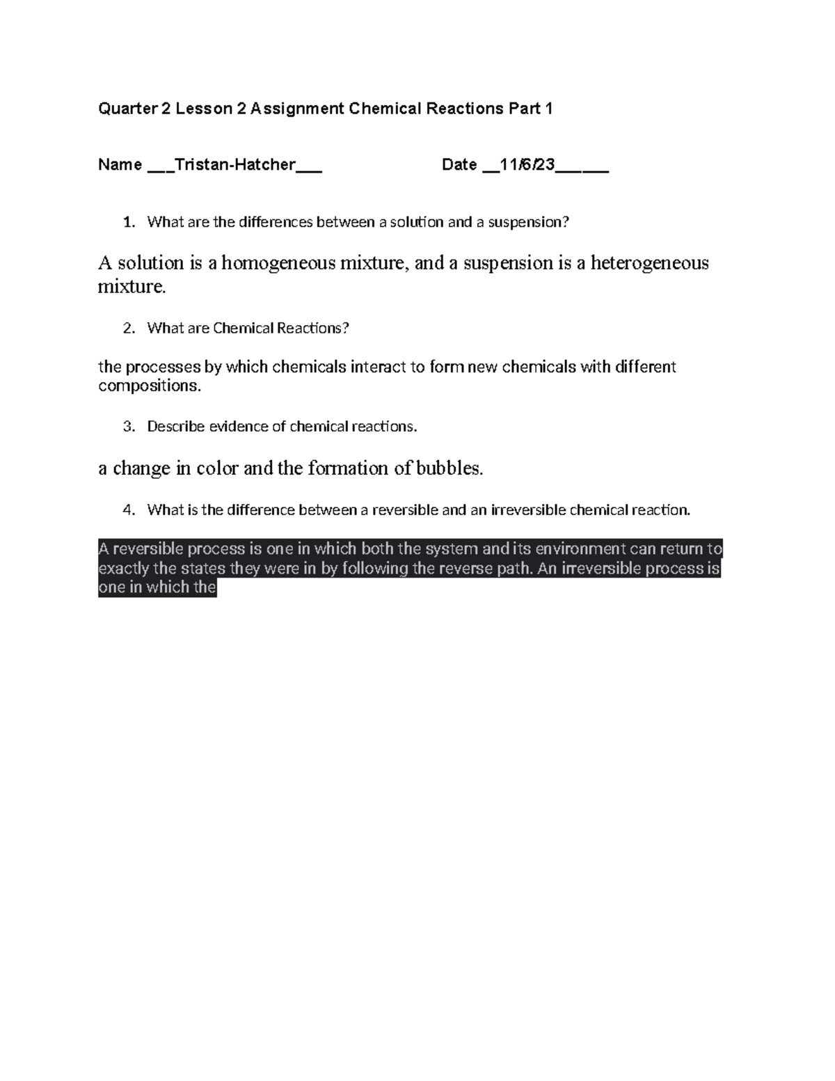 Quarter 2 Lesson 1 Assignment Chemical Reactions Part 1 - Quarter 2 ...