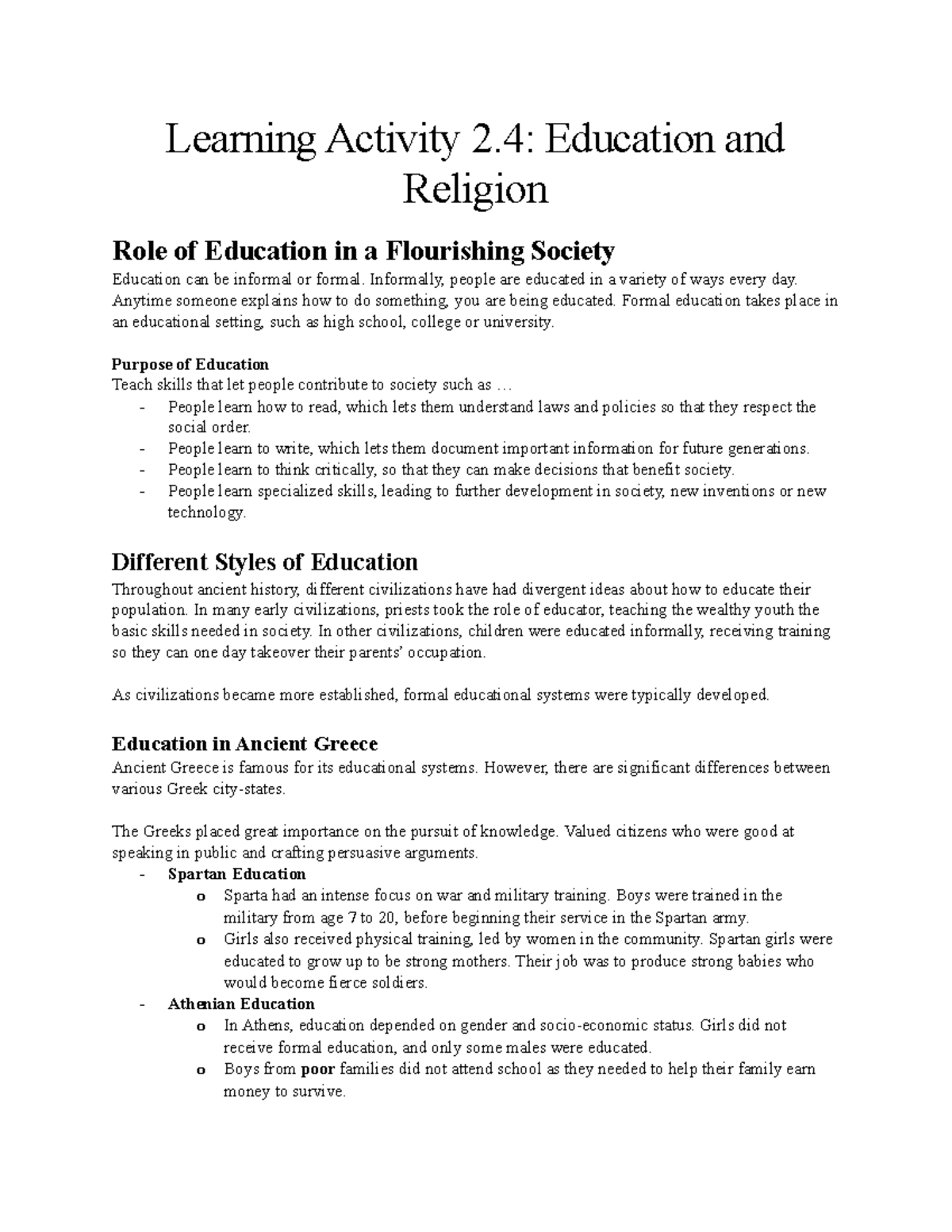 Learning Activity 2 - dawd - Learning Activity 2: Education and Religion Role of Education in a ...