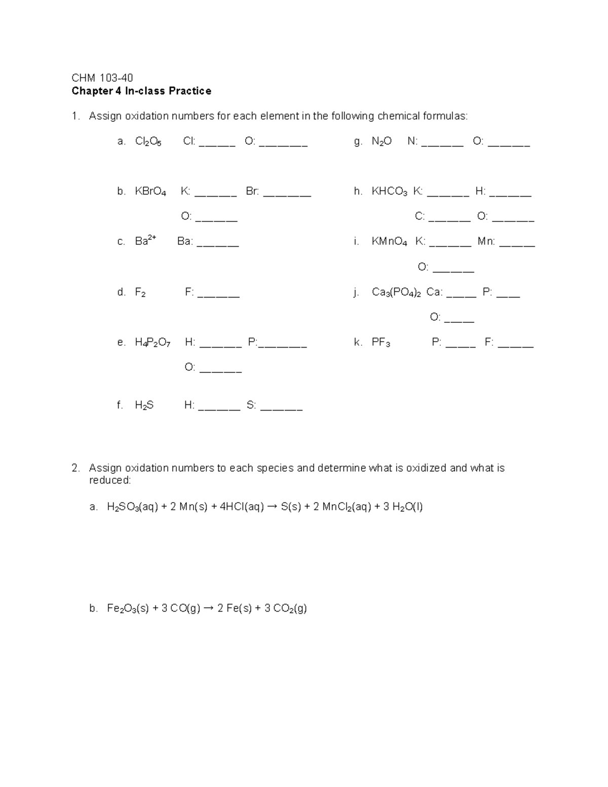 In-Class Practice Chapter-4 Quest. Redox Reaction - CHM 103-40 Chapter ...