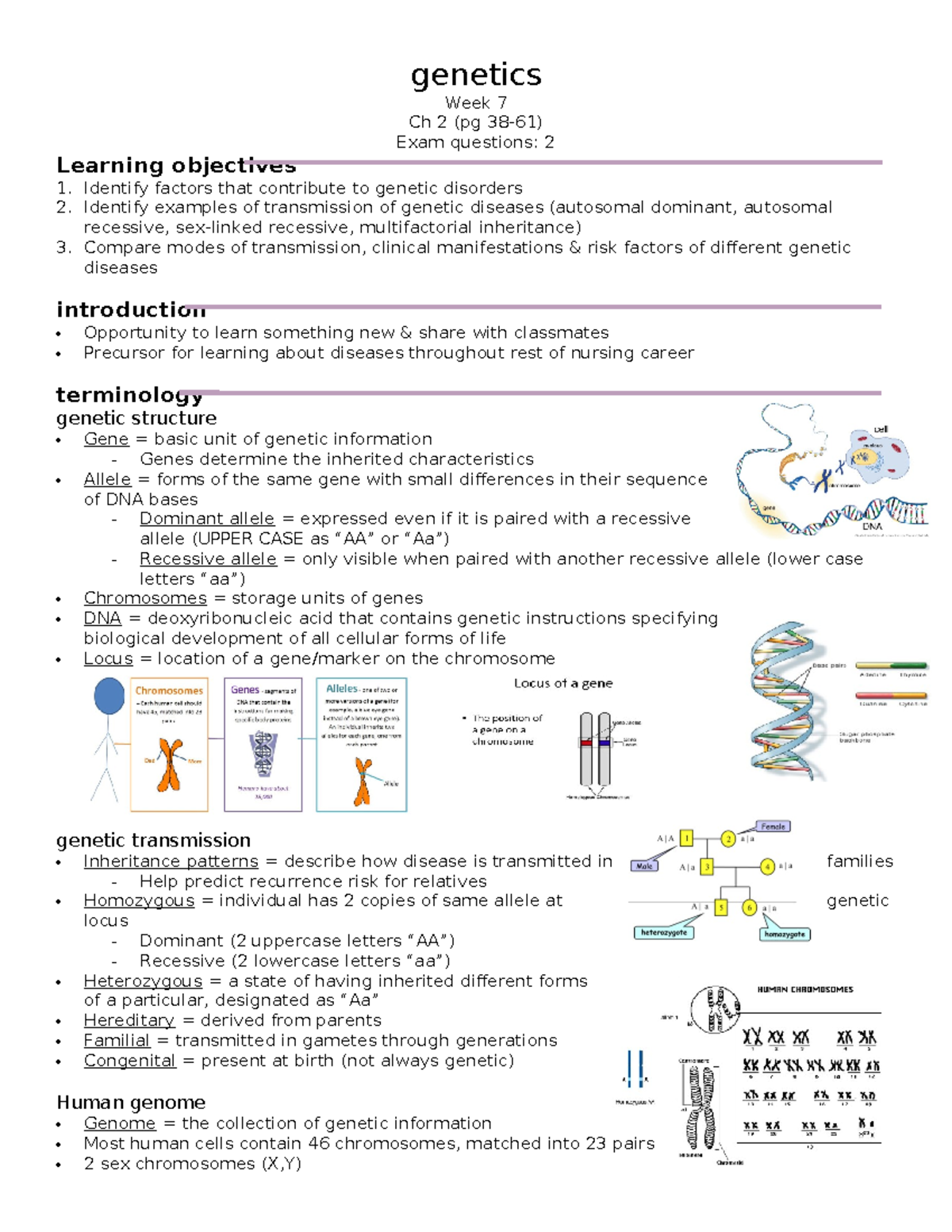 Genetics - genetics Week 7 Ch 2 (pg 38-61) Exam questions: 2 Learning objectives 1. Identify ...