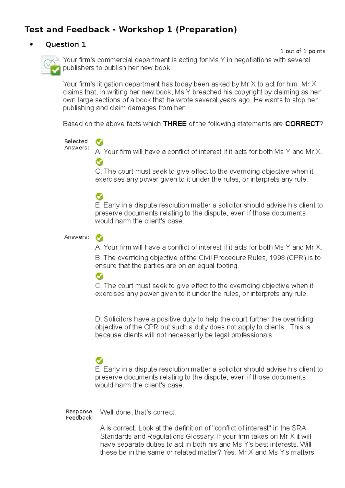 MCQs Dispute Resolutions - Test and Feedback - Workshop 1 (Preparation ...