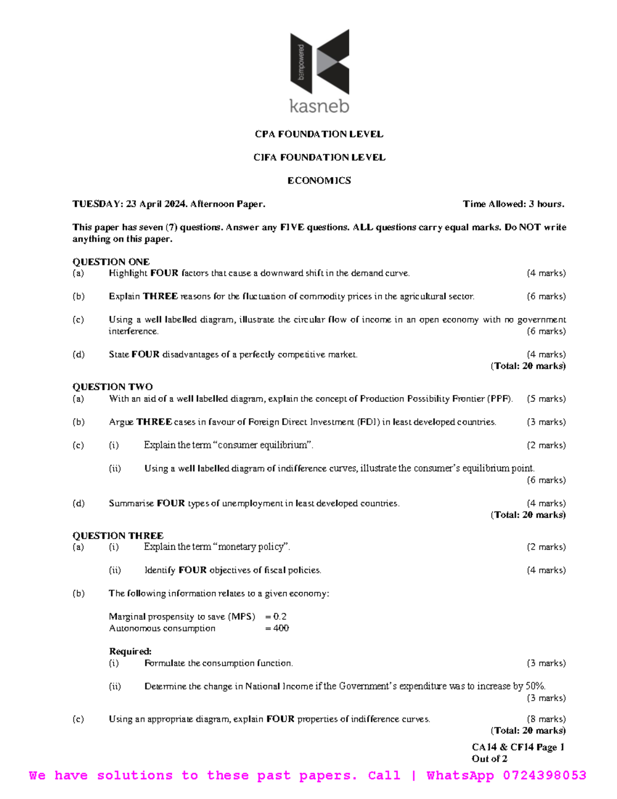Economics 2015 - Apr 2024 Past Papers - CA1 4 & CF1 4 Page 1 Out of 2 ...
